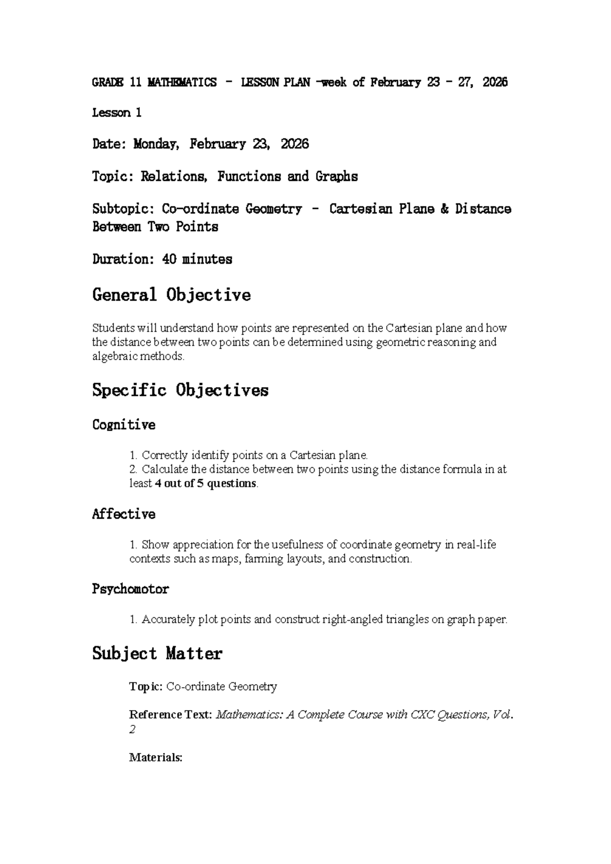 GRADE 11 MATHEMATICS LESSON PLAN: Relations, Functions & Graphs (Feb 23 ...