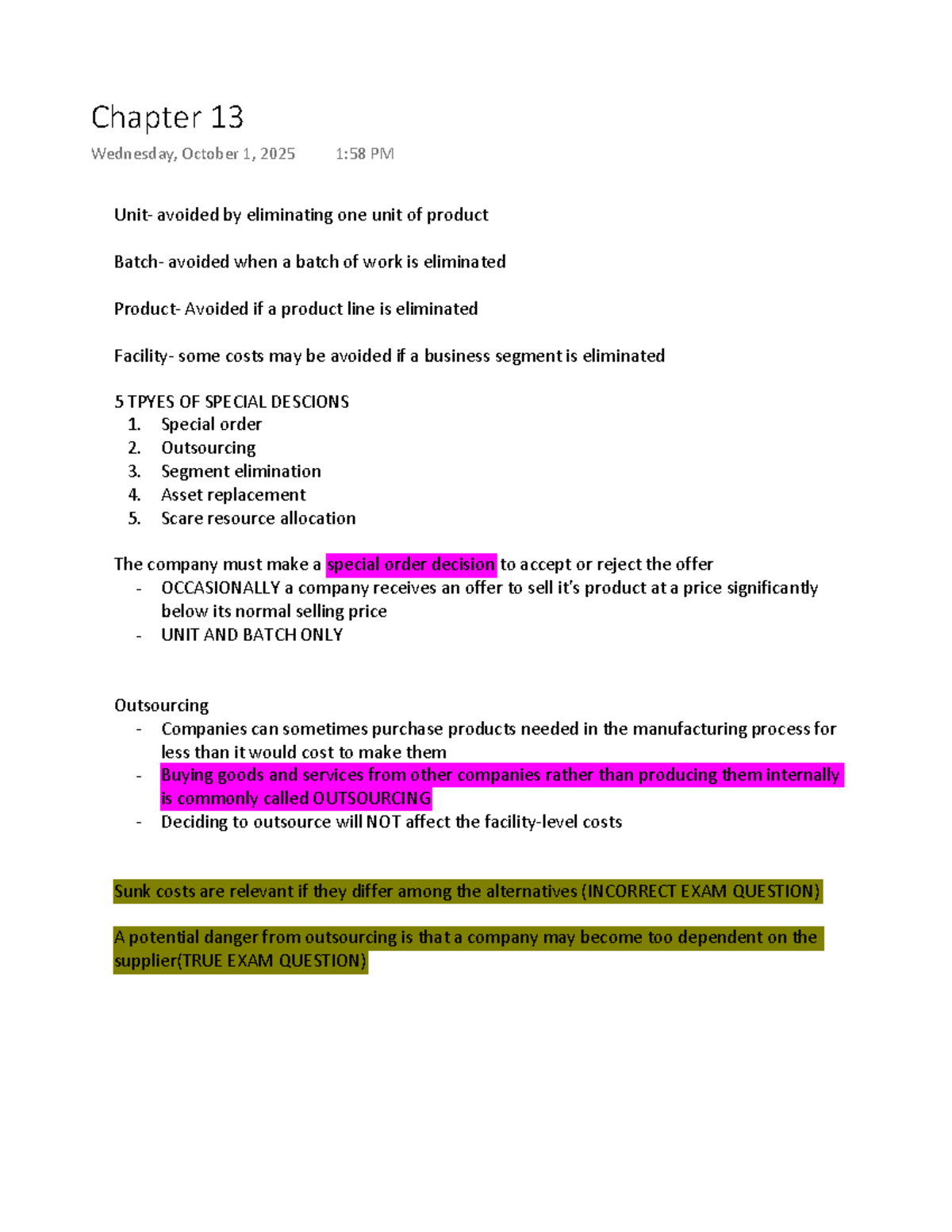 Special Decision-Making Insights for Cost Management (Chapter 13) - Studocu