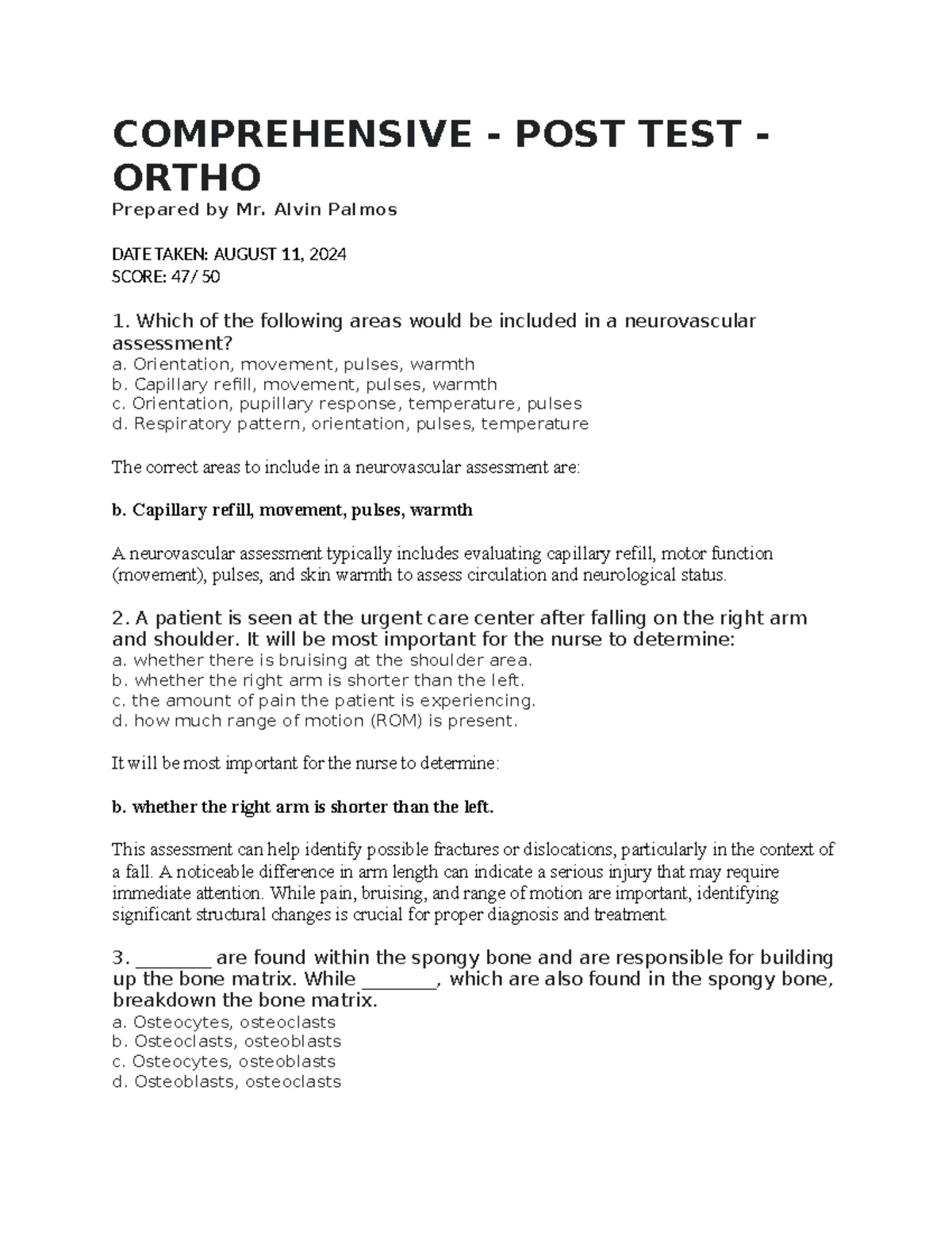 Comprehensive Ortho POST TEST - Nursing Concepts & Assessments - Studocu