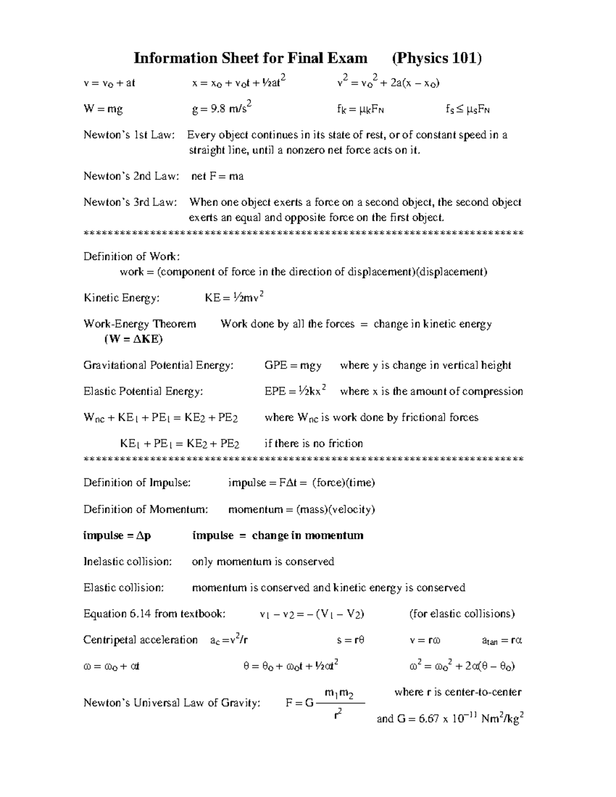 PHY 101 Final Exam Formula Sheet and Key Concepts - Studocu