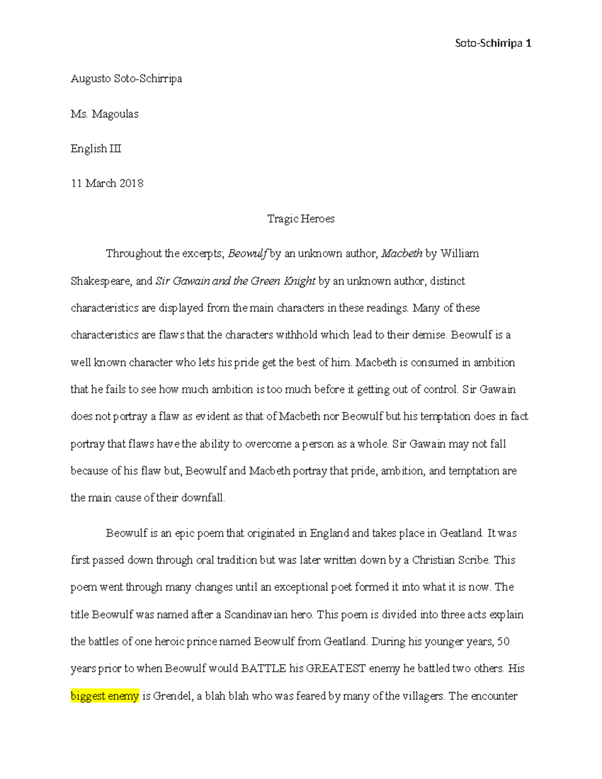 English 11 Tragic Hero Essay: Beowulf, Macbeth & Sir Gawain - Studocu