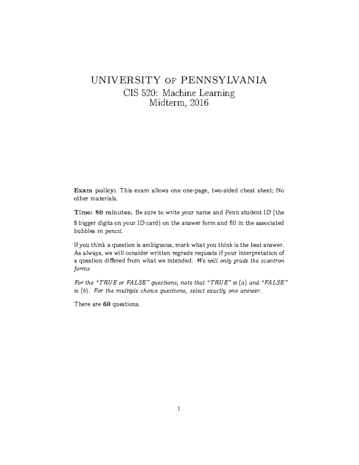 CIS 520: Machine Learning Midterm 2016 Solutions and Key - Studocu