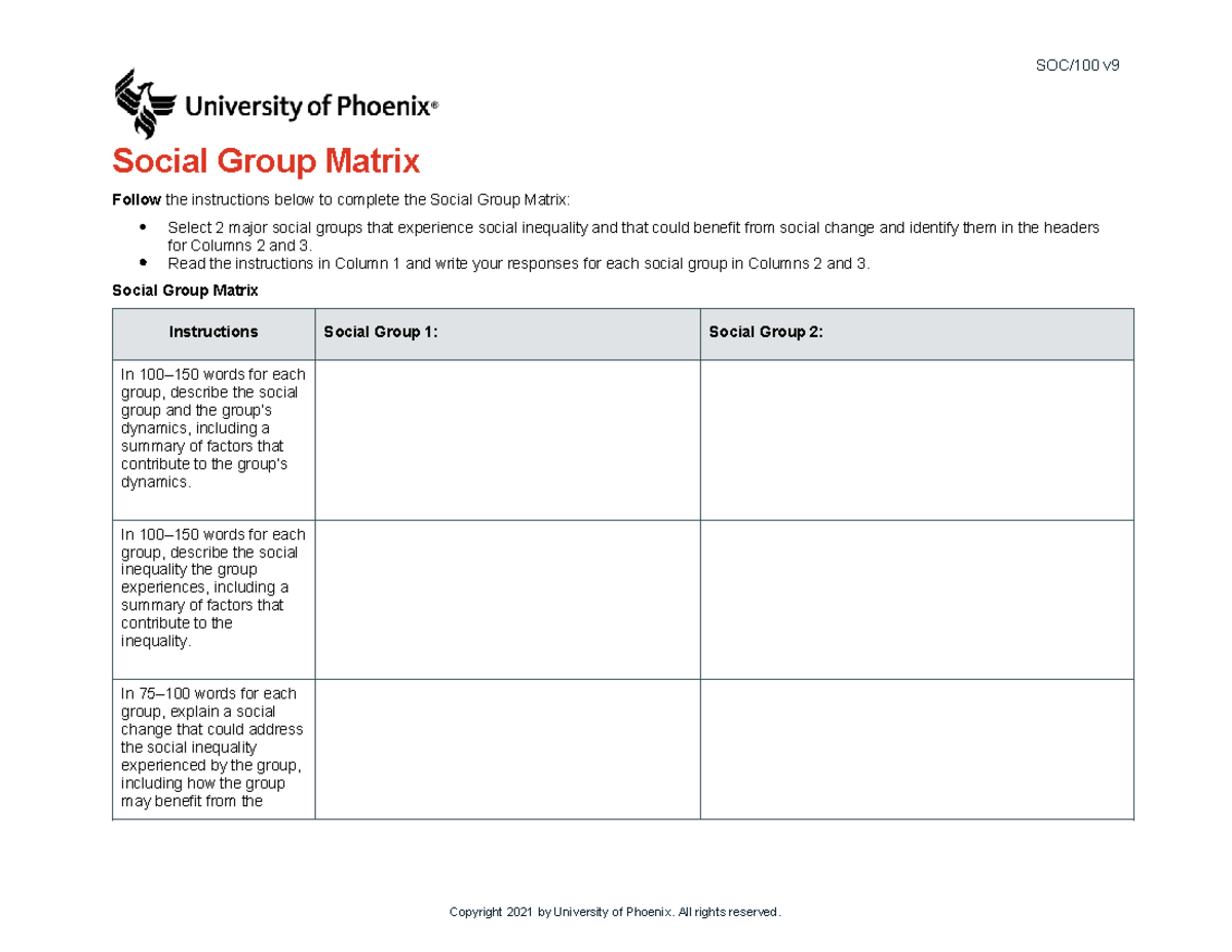 SOC/100 Week 5: Social Group Matrix on Inequality & Change - Studocu