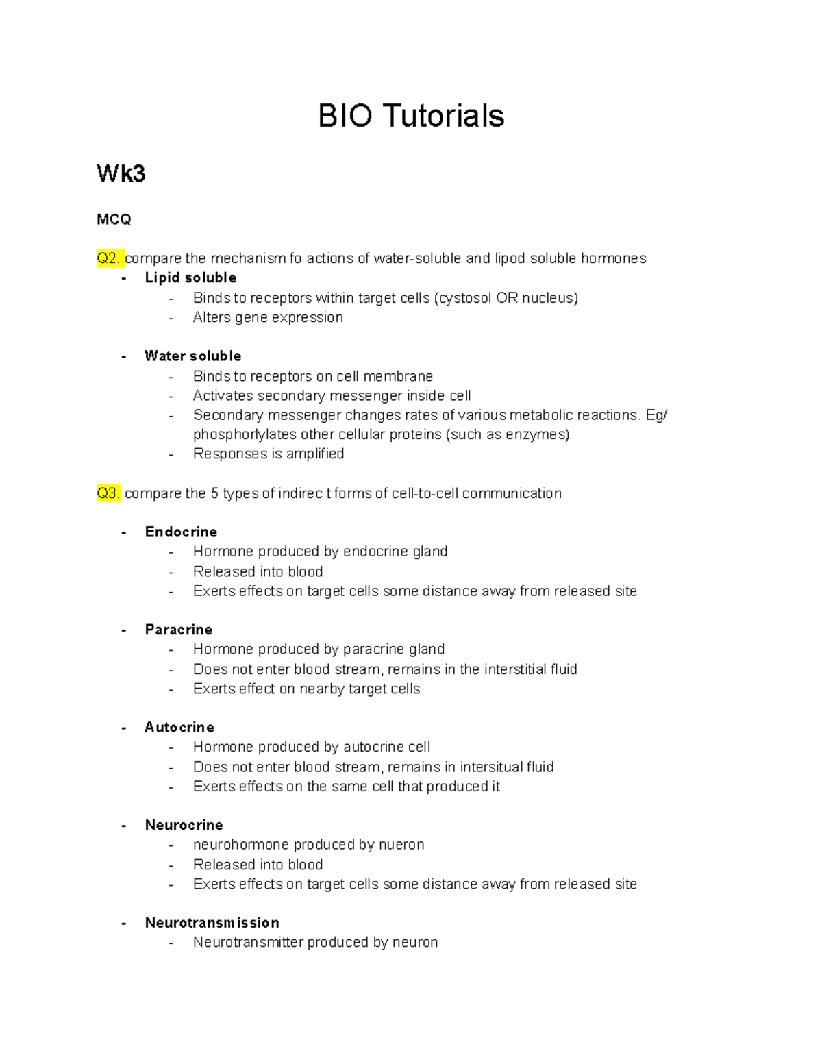 BIO Tutorials Wk3-Wk12 Lecture Notes on Hormones & Body Systems - Studocu