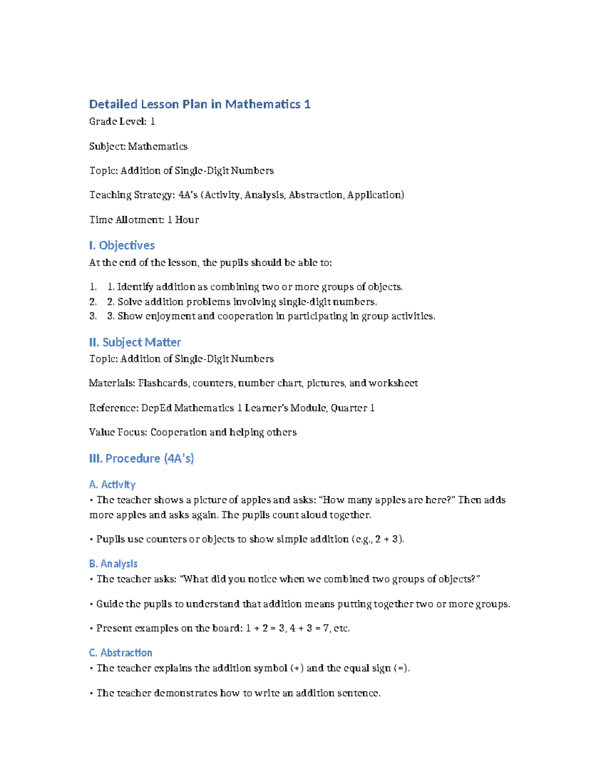 Mathematics 1 Detailed Lesson Plan: Addition of Numbers - Studocu