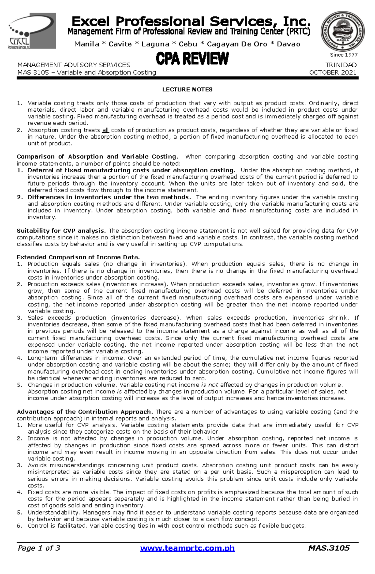 MAS 3105 Lecture Notes on Variable and Absorption Costing Analysis ...