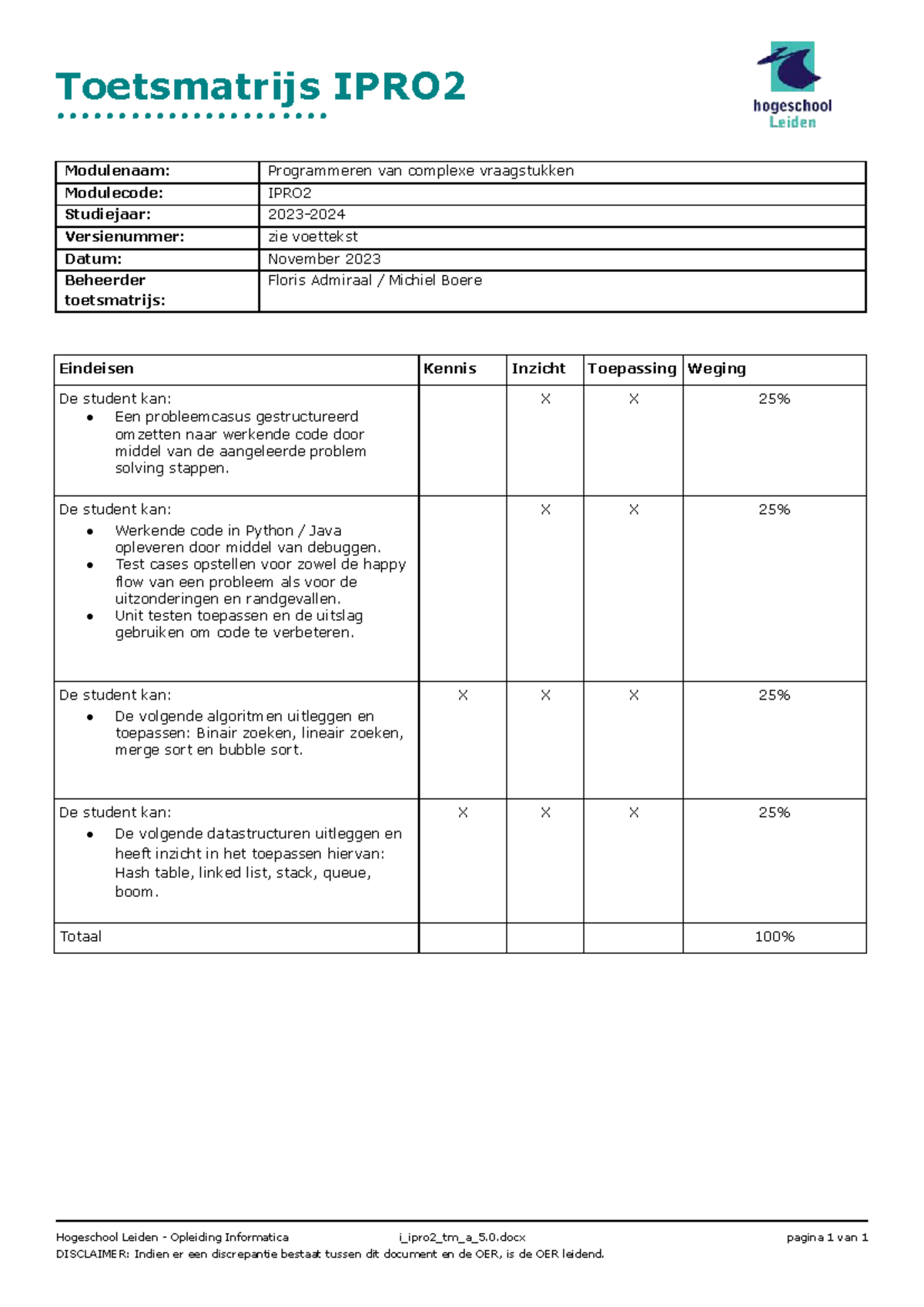 IPRO2 Toetsmatrijs: Programmeren van Complexe Vraagstukken - Studeersnel
