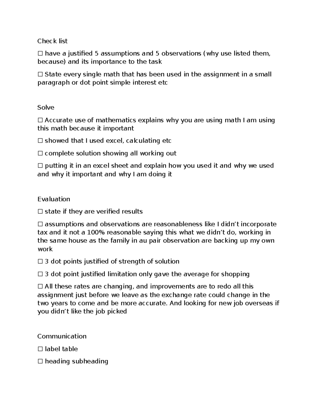 Check List: Justified Assumptions & Observations for Math Assignment ...