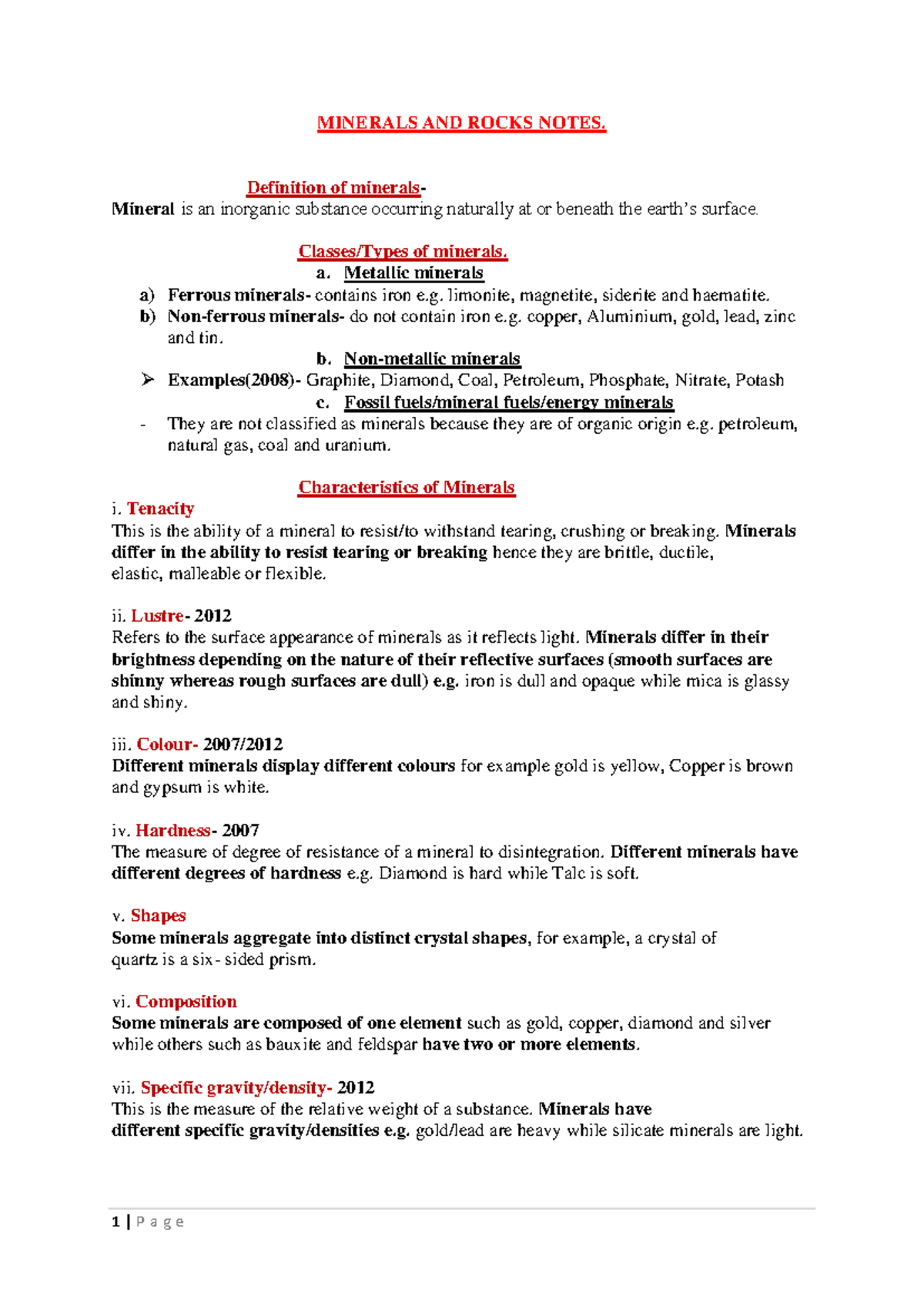 Geography Notes 2: Minerals and Rocks Overview - Studocu