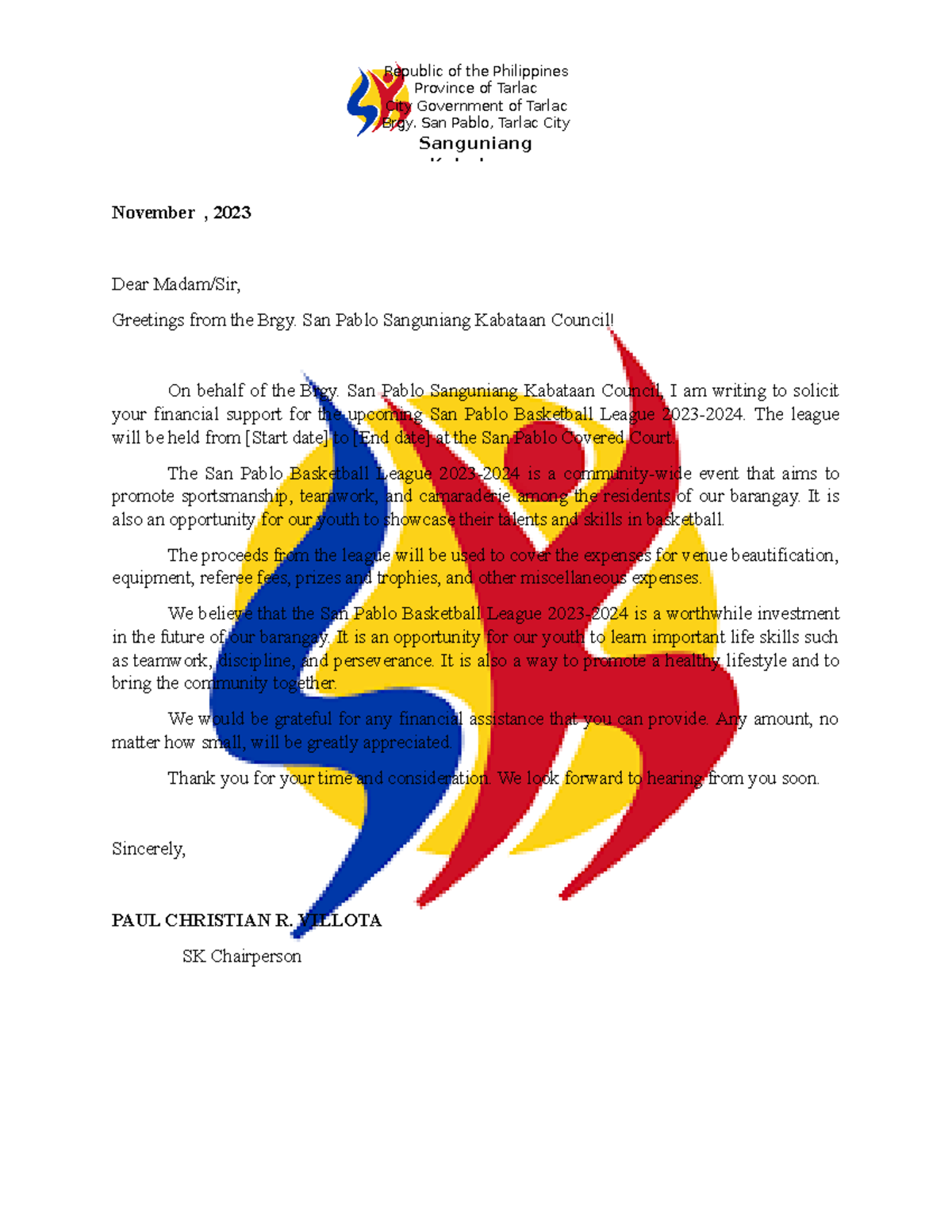 San Pablo Basketball League 2023-2024 Solicitation Letter - Studocu