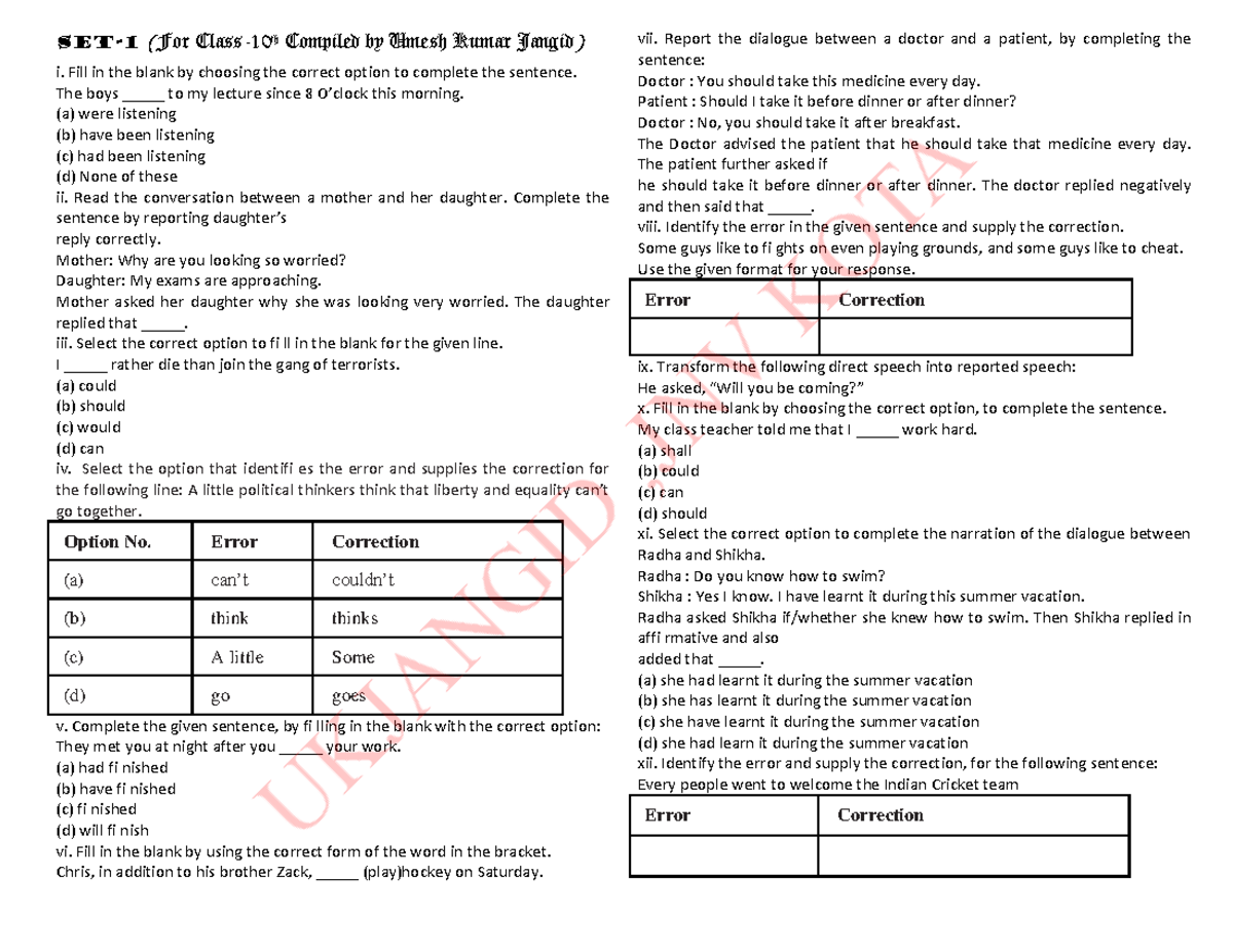 Grammar Worksheet & Practice Exercises for Class-10 (SET-1 to SET-8 ...
