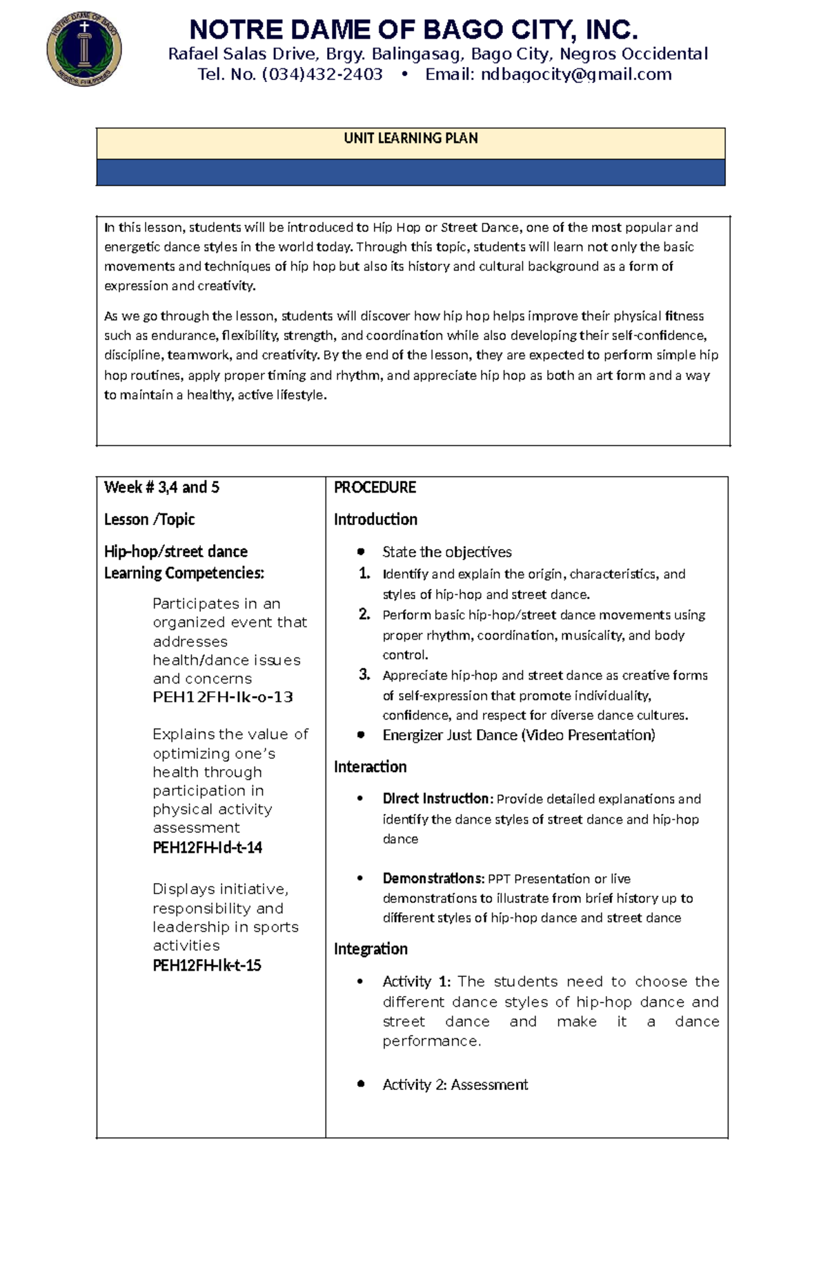 Q2 PE 3: Unit Learning Plan for Hip Hop Dance (Weeks 3-5) - Studocu