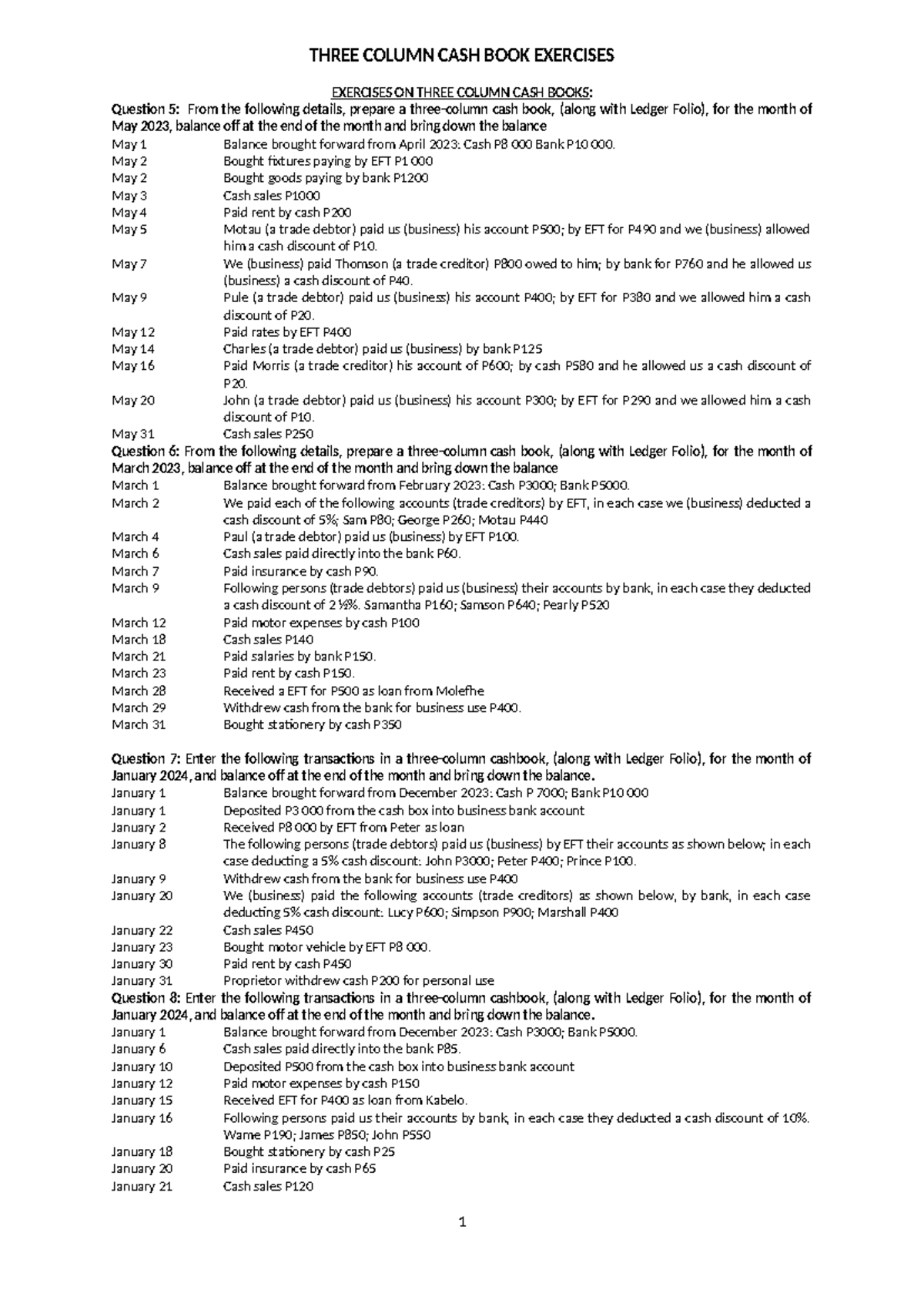 Three Column Cash Book Exercises for May and March 2023 and January ...