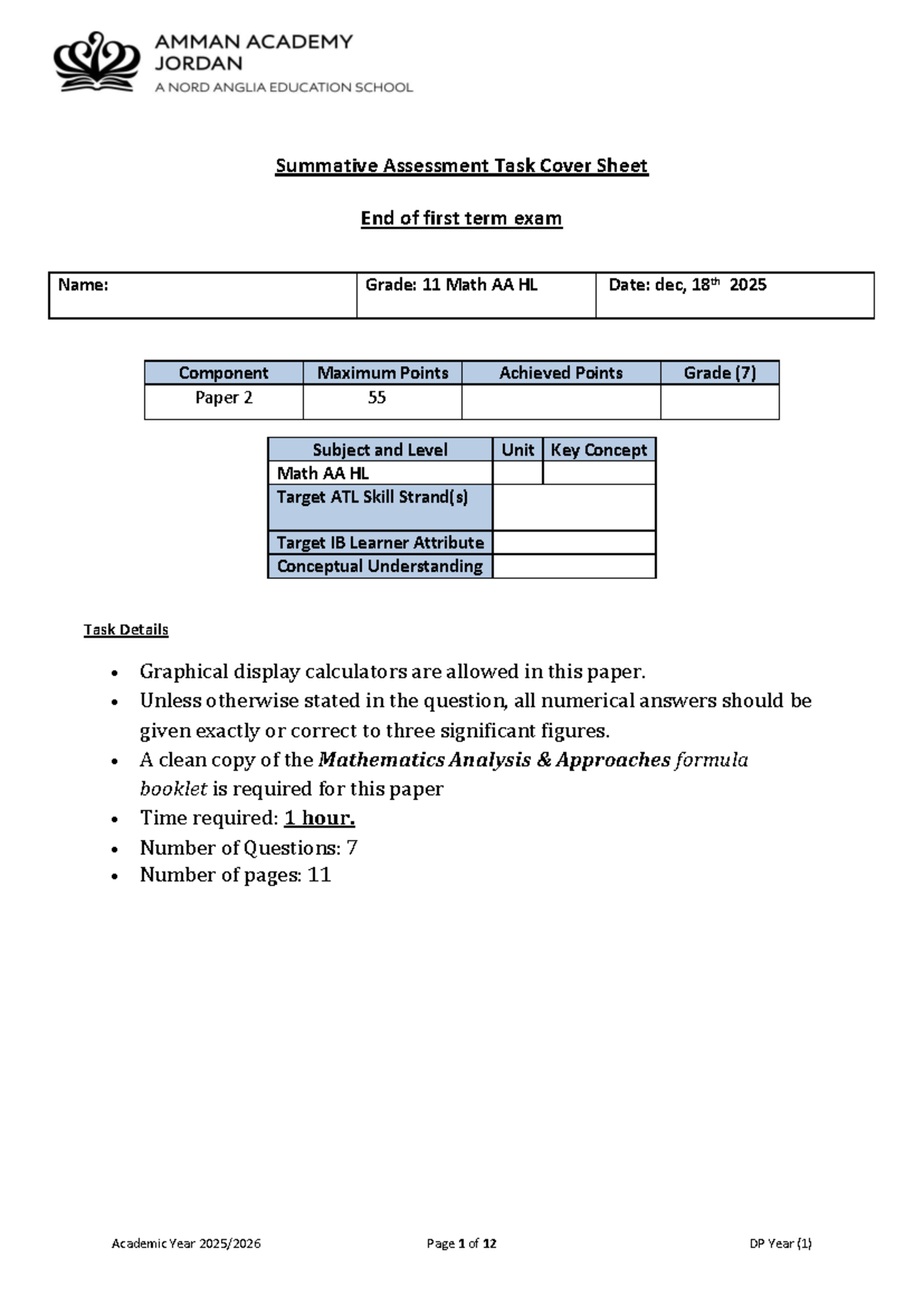 Grade 11 Math AA HL End of First Term Exam Paper 2 Answers - Studocu