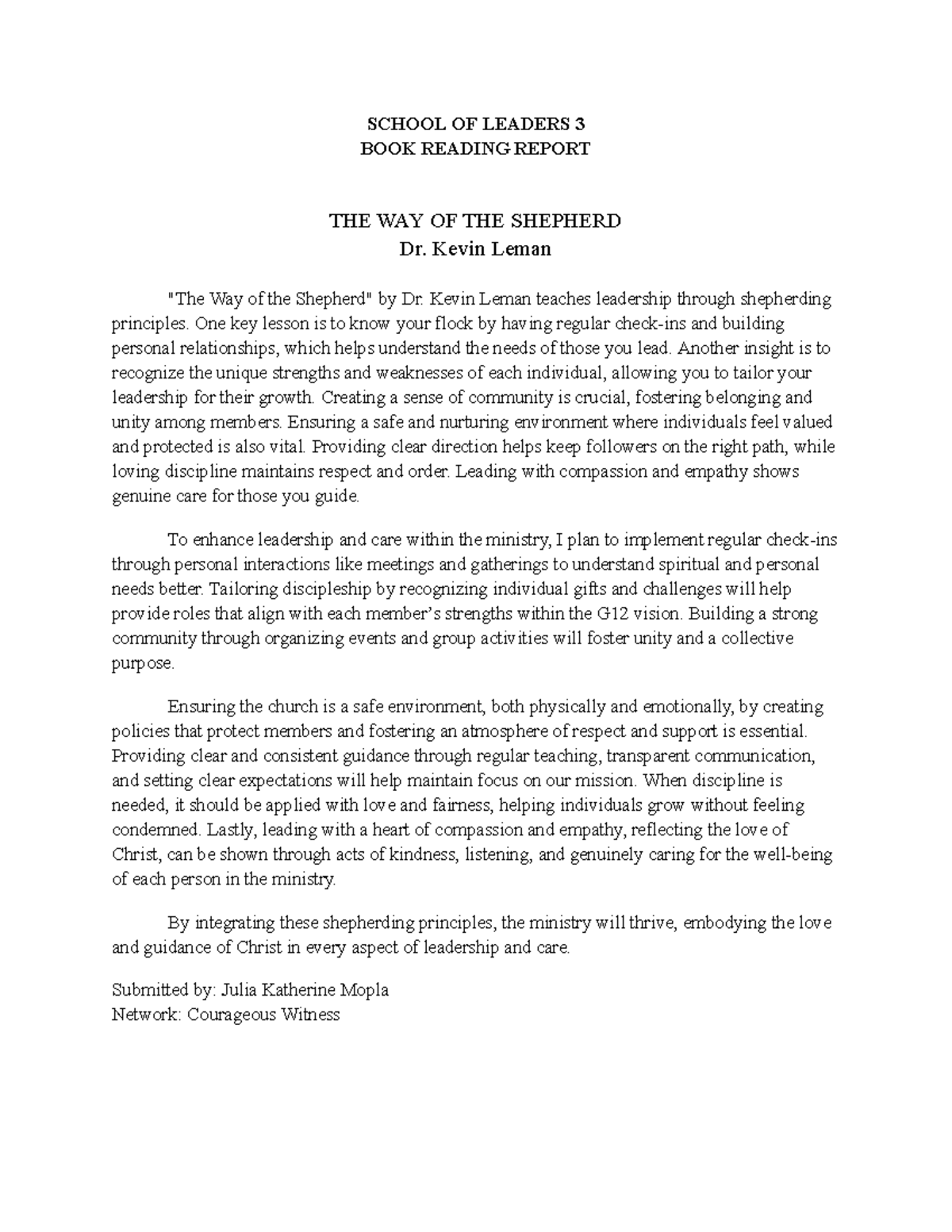 SOL 3 Book Reading Report: The Way of the Shepherd by Dr. Leman - Studocu