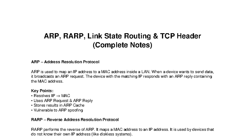 ARP, RARP, LSR, TCP Header Notes - Key Concepts Explained - Studocu