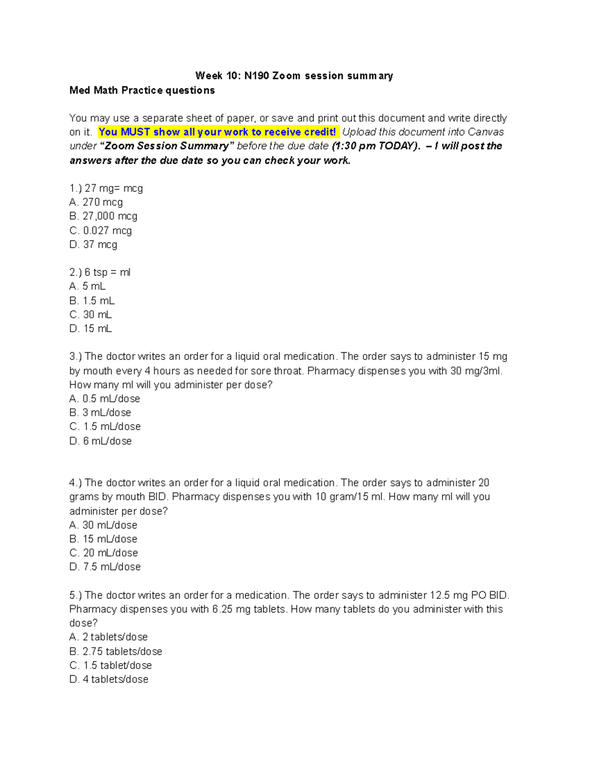 N190 Week 10 Med Math Practice Questions Summary - Studocu