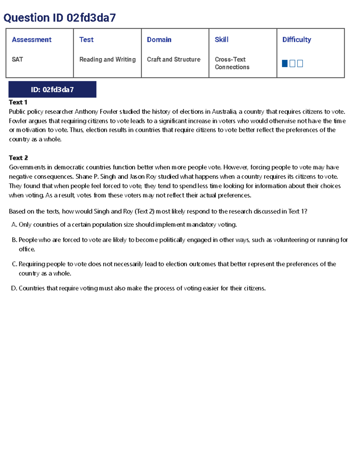 Cross Text Connections: SAT Reading & Writing Assessment Test - Studocu
