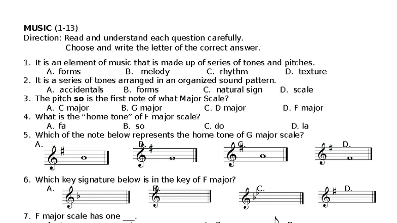 MUSIC 101: Periodical Test on Music, Arts, and PE Concepts - Studocu