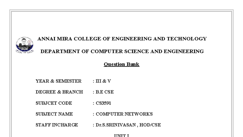 **CS3591 Computer Networks Question Bank - Unit I to IV** - Studocu