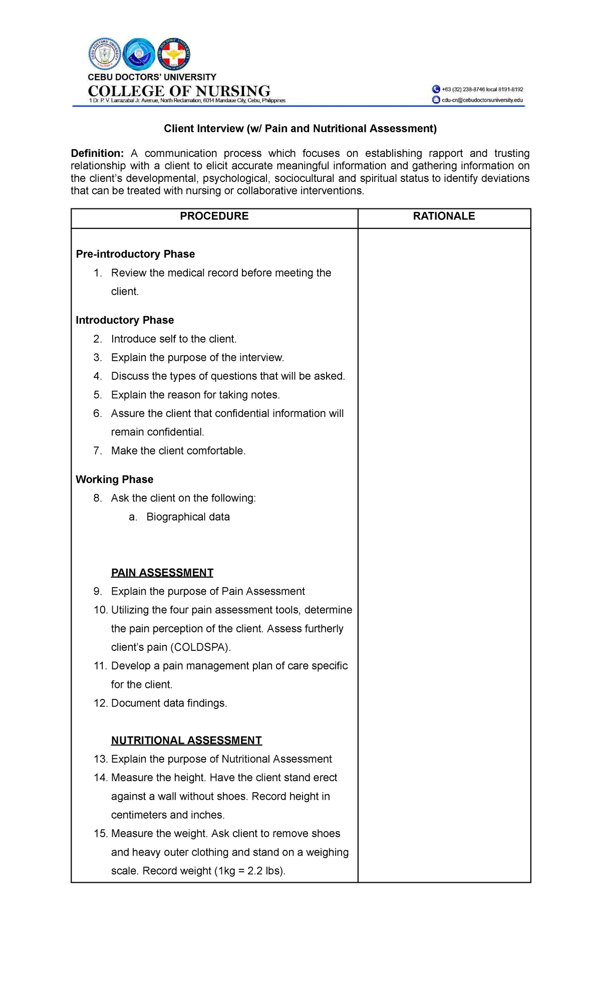 RLE 2M and 3M Procedure Guide - Copy - Client Interview (w/ Pain and ...