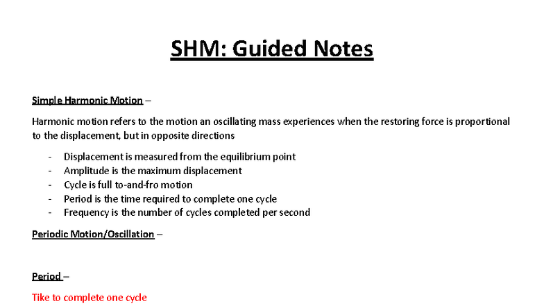 SHM 101: Guided Notes on Simple Harmonic Motion - Studocu