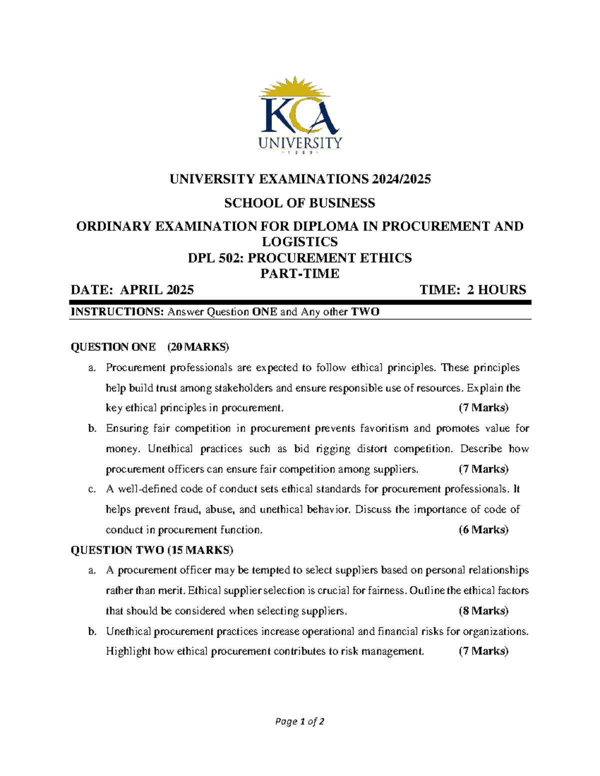 DPL 502: Procurement Ethics - Past Exam Paper 1 Revision Notes - Studocu