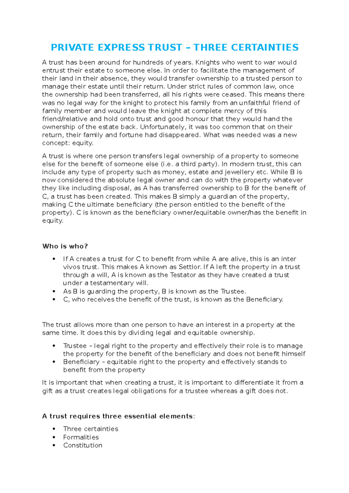 Private Express Trusts: Understanding the 3 Certainties in Law - Studocu