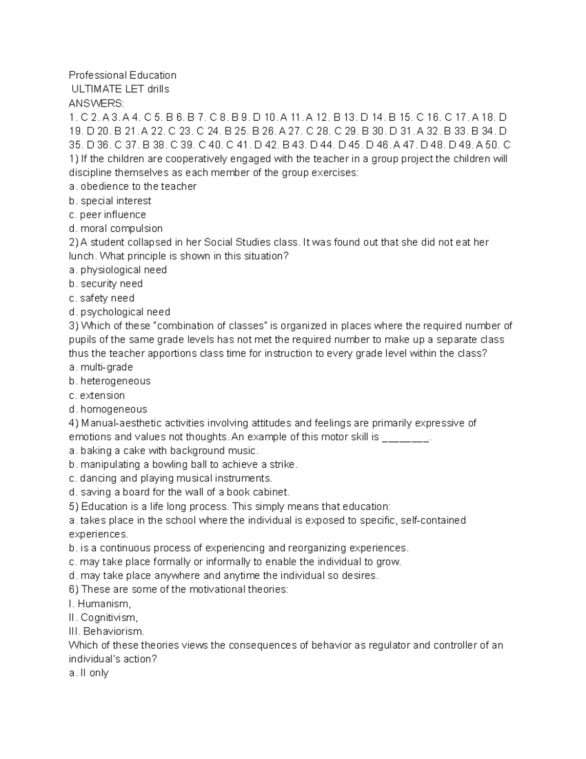 Professional Education (50 Items LET Questions) - Professional ...