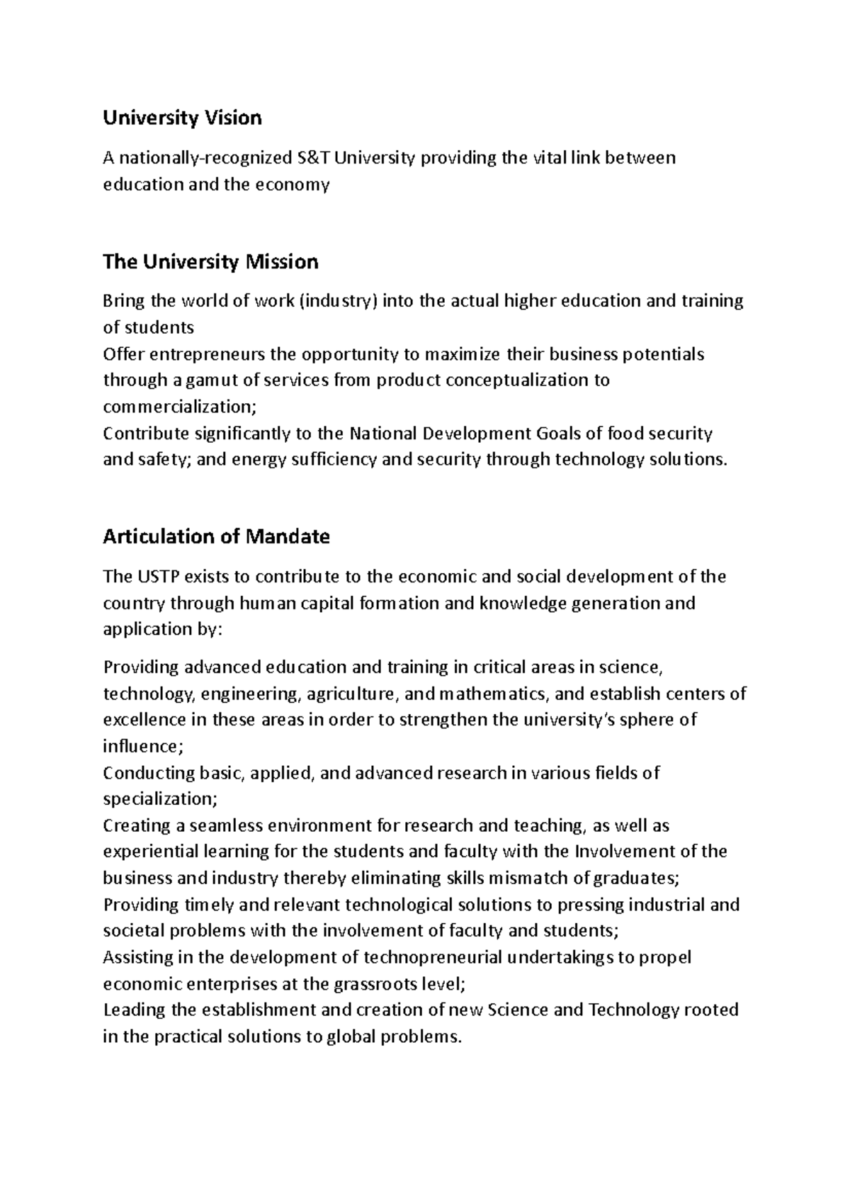USTP Vision and Mission Statement: Goals for National Development - Studocu