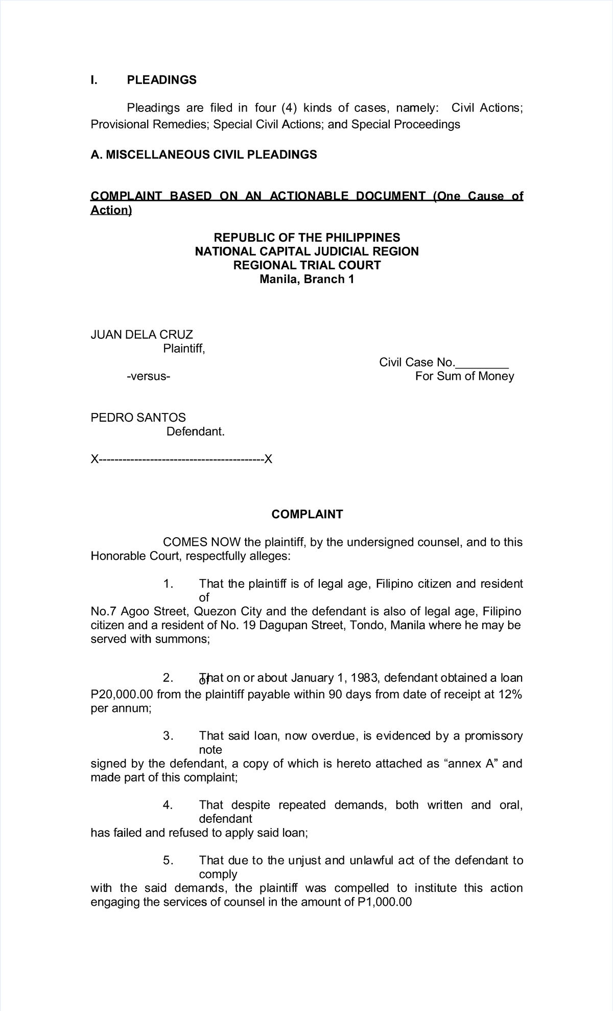 Civil Procedure: Sample Pleadings (CIV 101) - Studocu