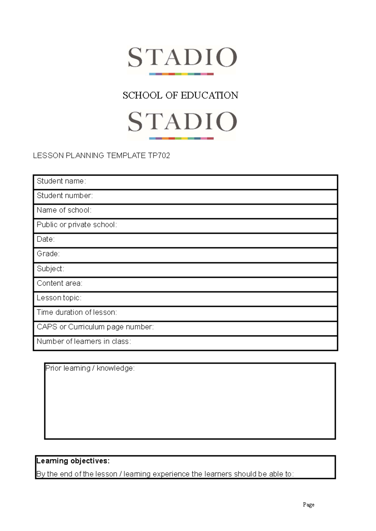 Stadio Assignment Template TP702 SS2 2024-1 - SCHOOL OF EDUCATION ...