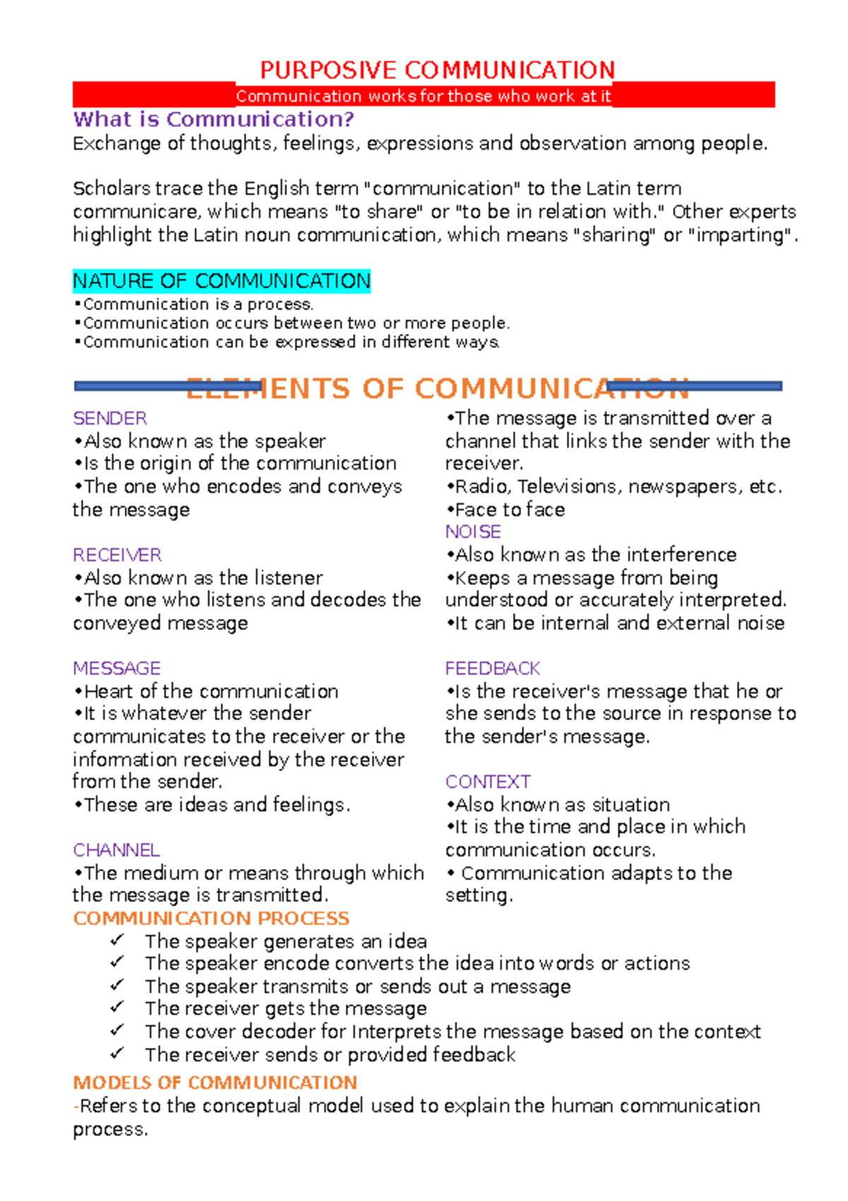 Purposive Communication Notes for BSBA-1A Course - Studocu