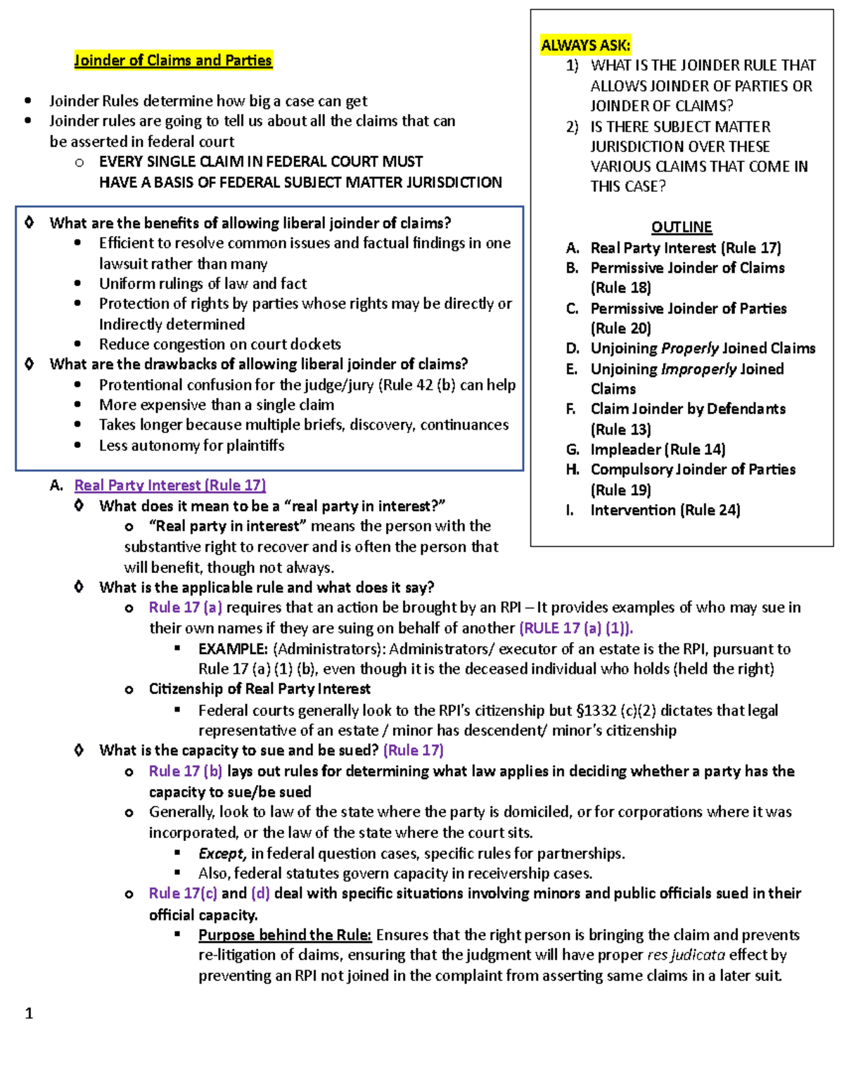 Joinder of Claims and Parties - Outline for Civil Procedure Course ...