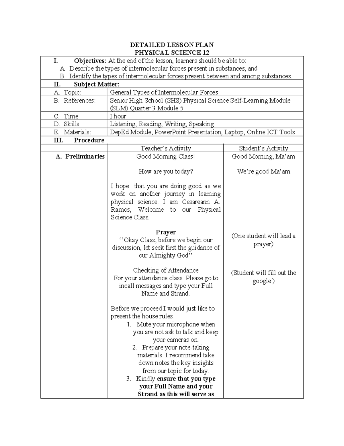 Detailed lesson plan on intermolecular forces for physical science 12 ...