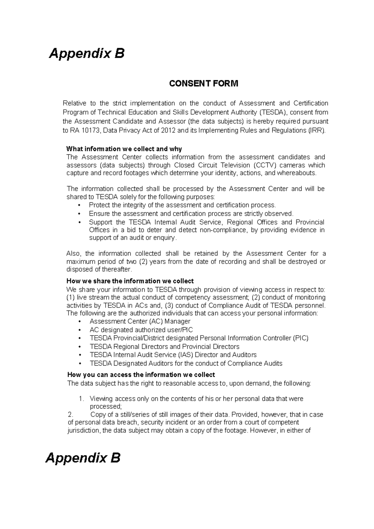 Appendix B: Consent Form for TESDA Assessment & Certification Program ...
