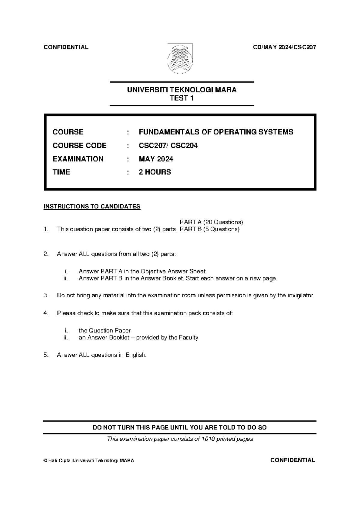 Fundamentals of Operating Systems Test - May 2024 (CSC207) - Studocu