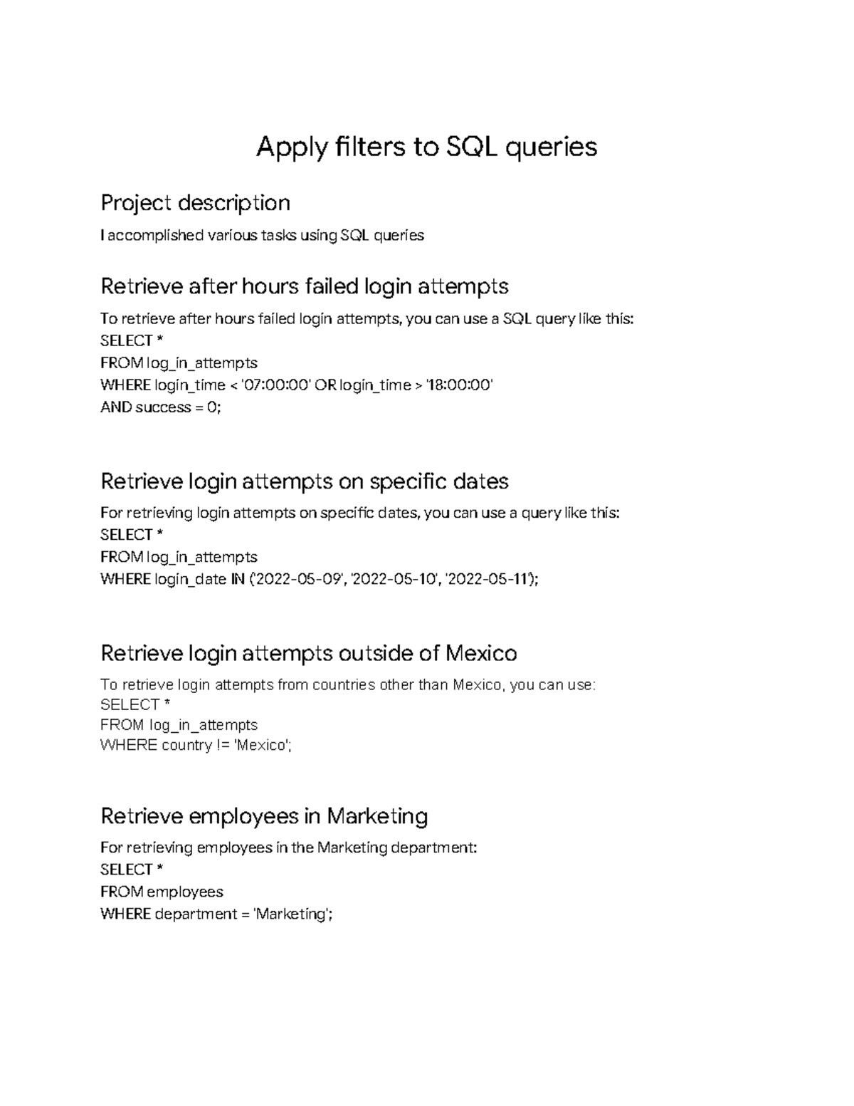 SQL Queries Project: Filtering Login Attempts & Employee Data - Studocu