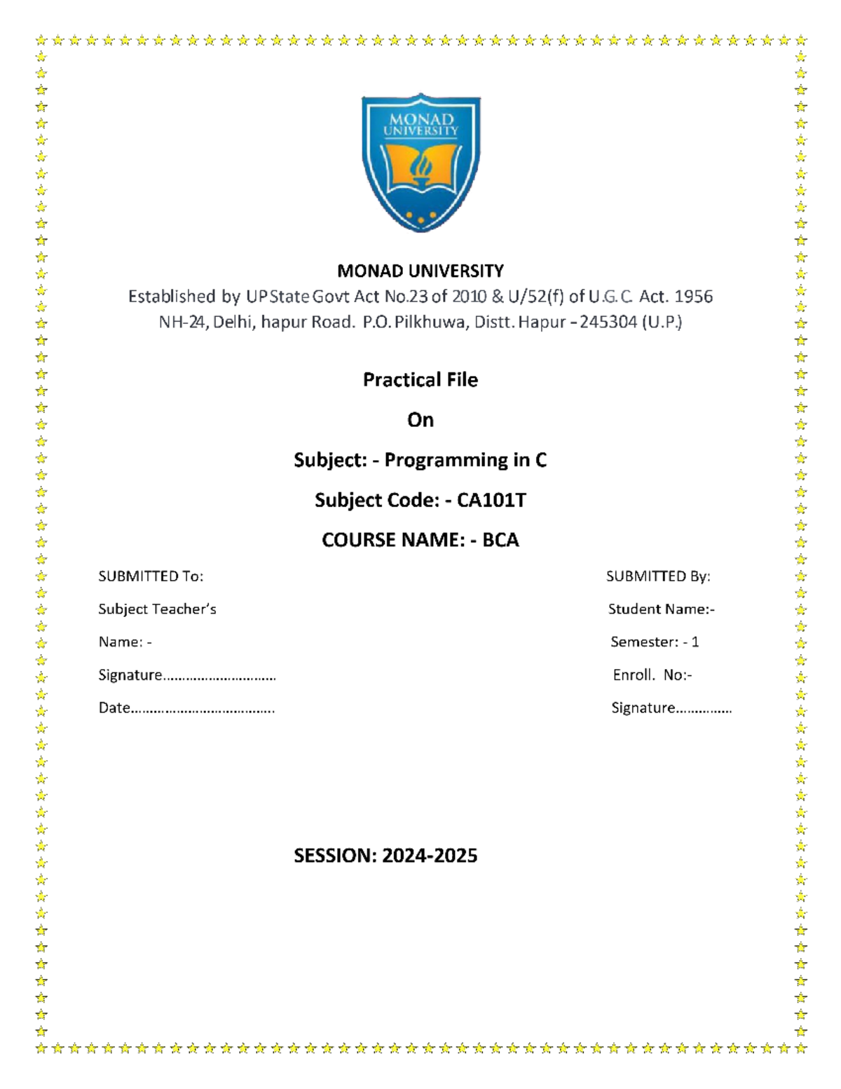 BCA-1-Practicle-Front-Page- Monad University - S. Experiment / Topic ...