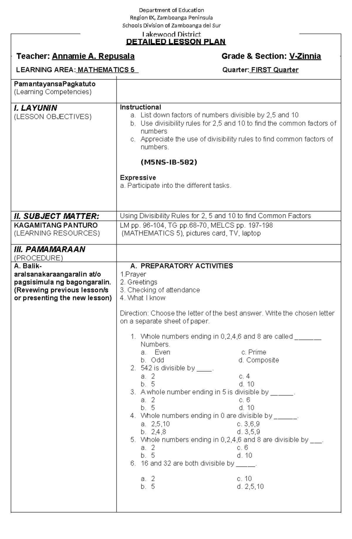 Math 5 Lesson Plan: Divisibility Rules for 2, 5, & 10 (Q1) - Studocu