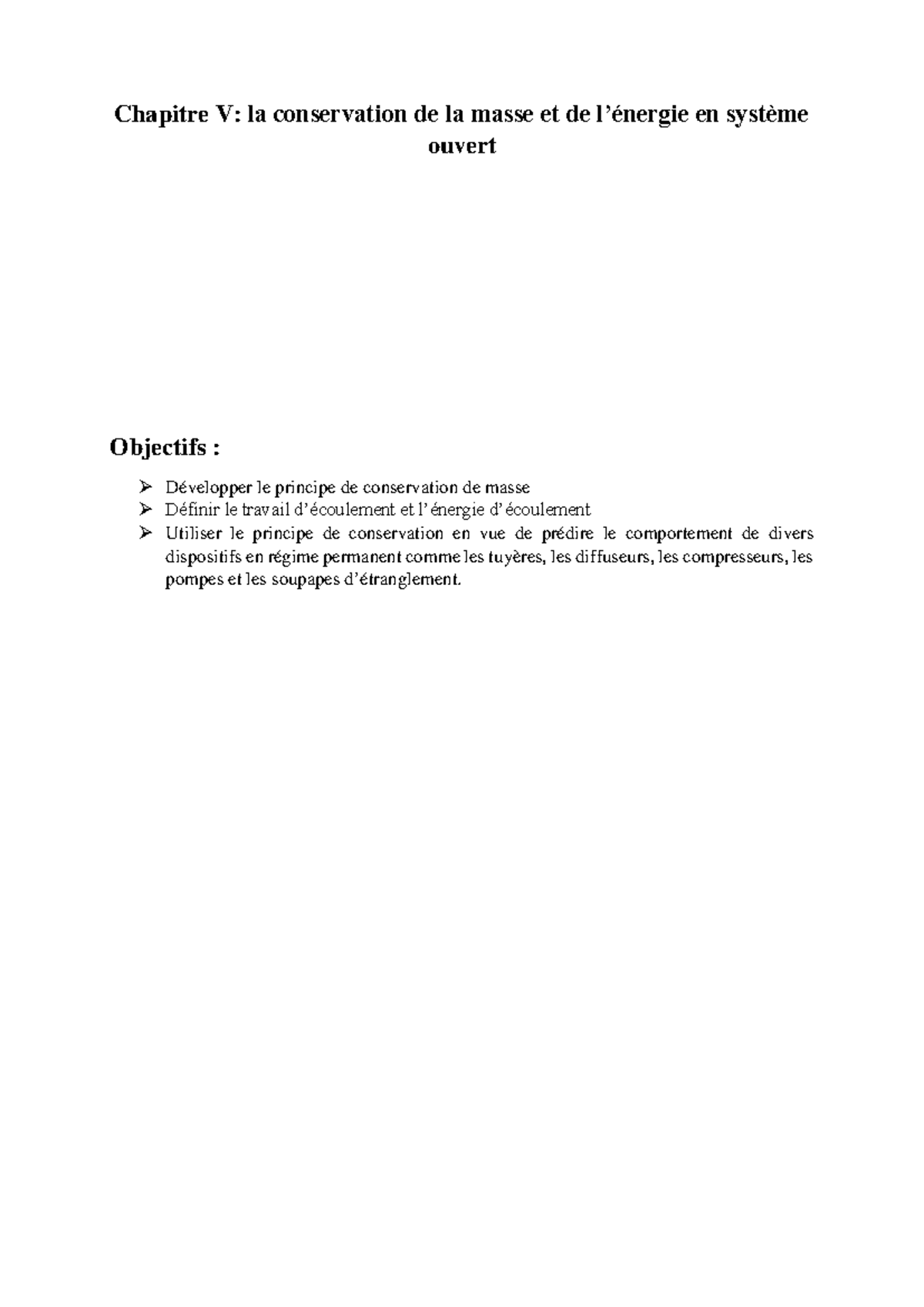 Conservation de la masse et de l'énergie en système ouvert - Chap. V ...