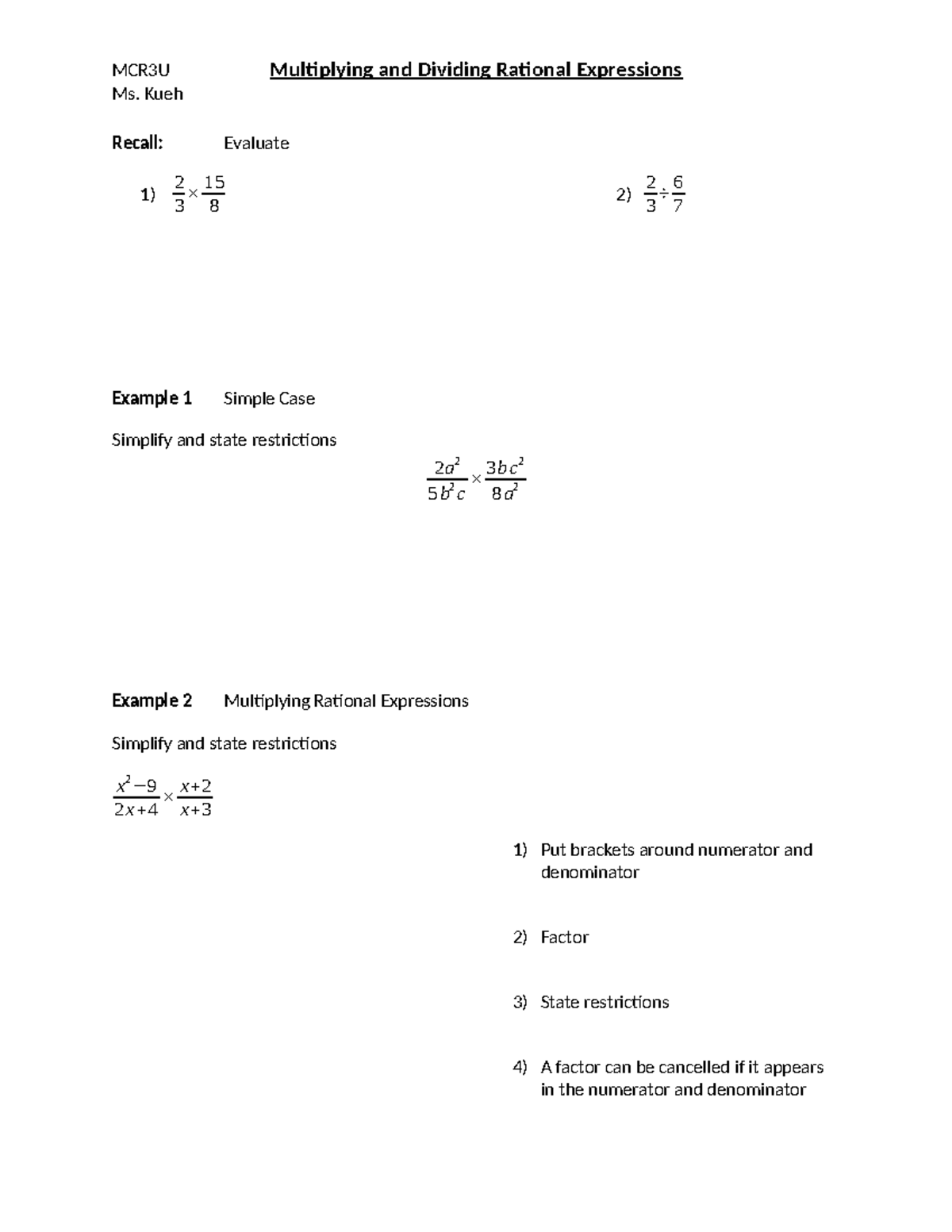 Lesson 11 multiplying and dividing rational expressions - MCR3U ...