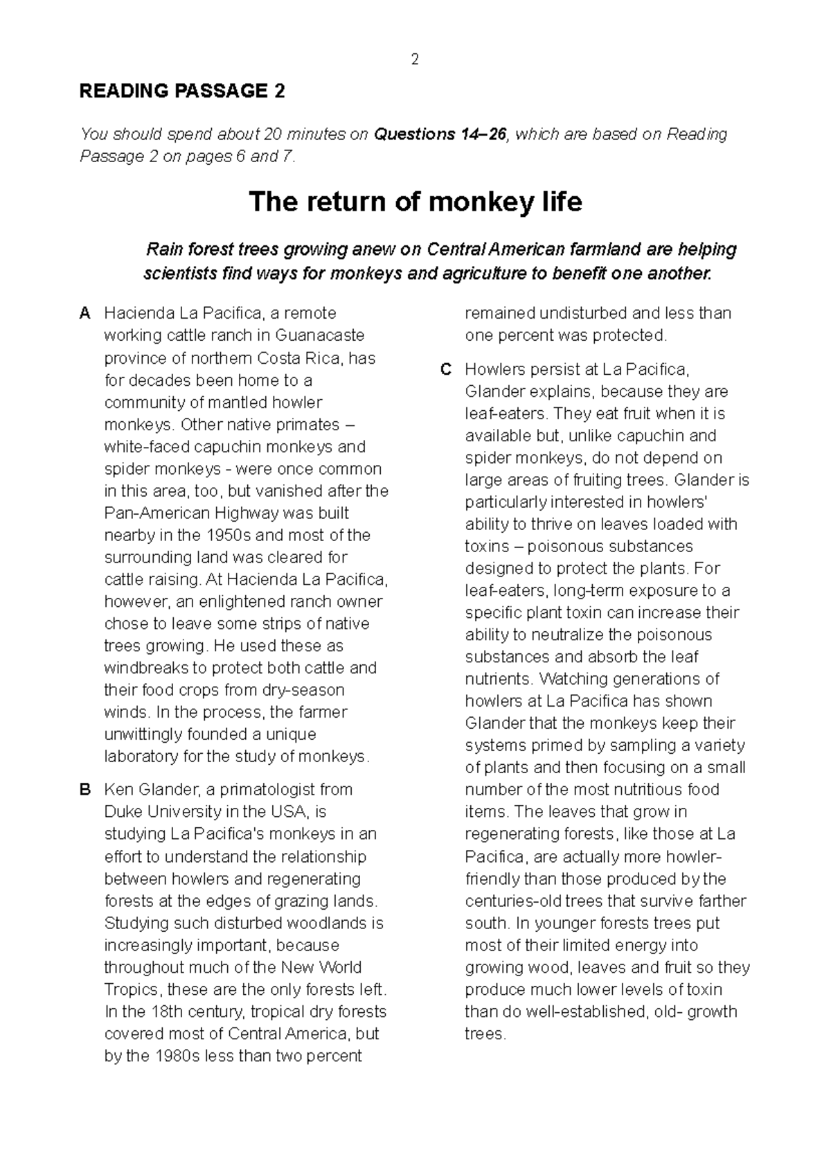 Reading Passage 2: The Return of Monkeys and Regenerating Forests - Studocu