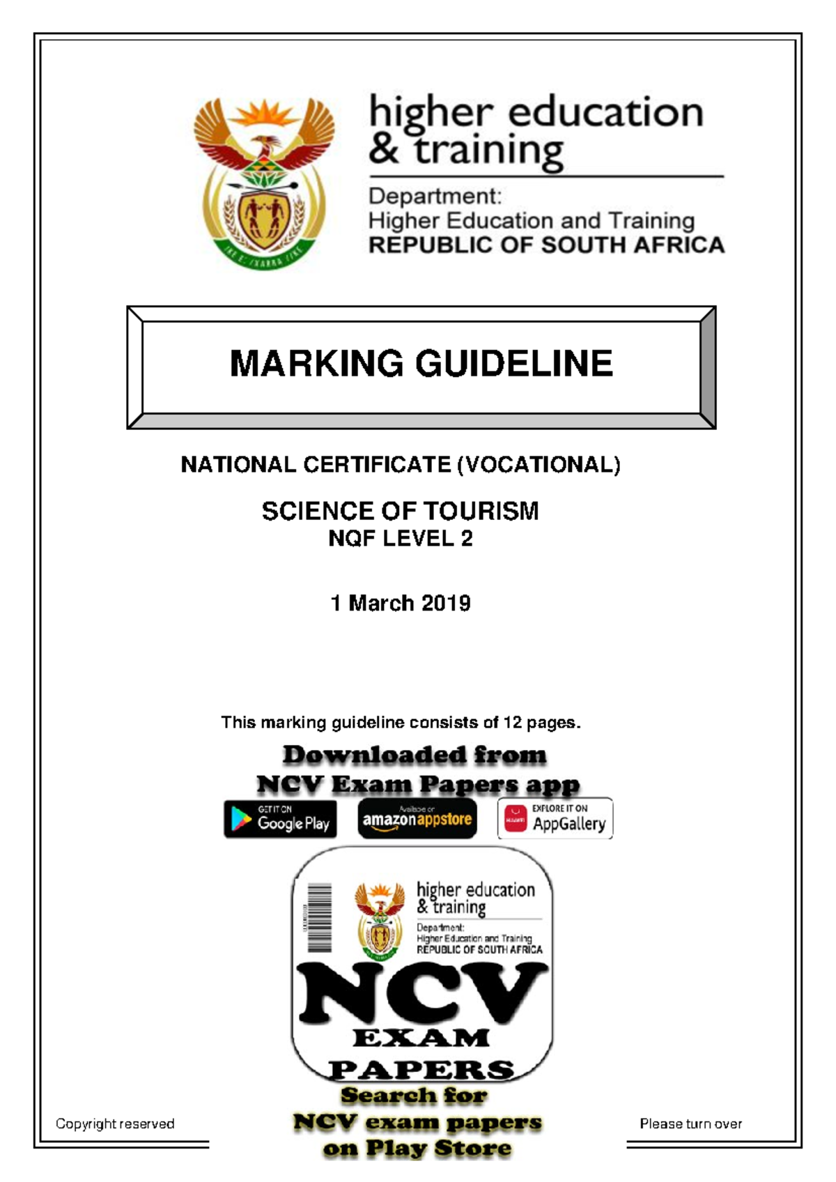 Marking Guideline for National Certificate in Science of Tourism (NQF ...