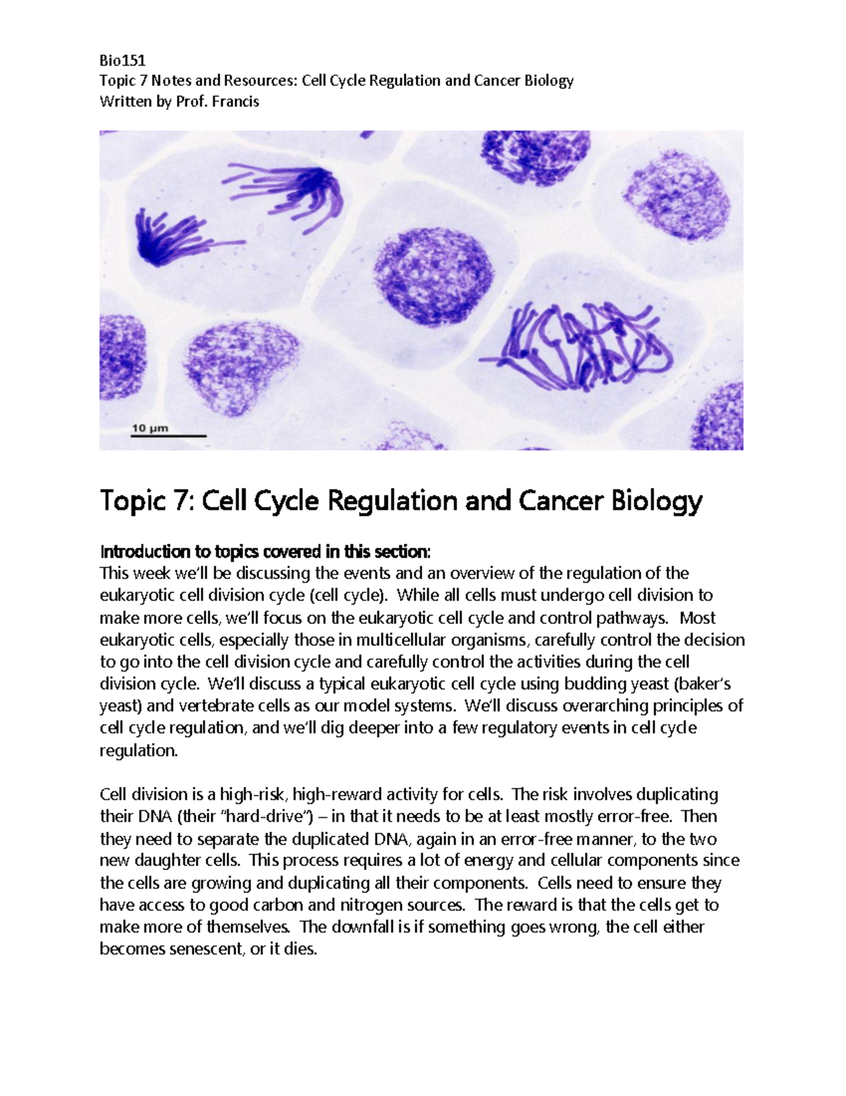 Bio151 Topic 7 Notes: Cell Cycle Regulation & Cancer Biology Insights ...