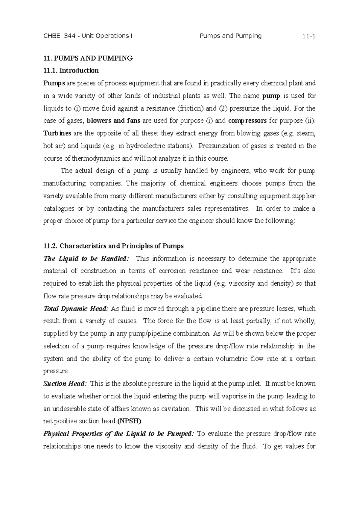Pumps and Pumping: Key Concepts from Chapter 11 (CHBE251) - Studocu