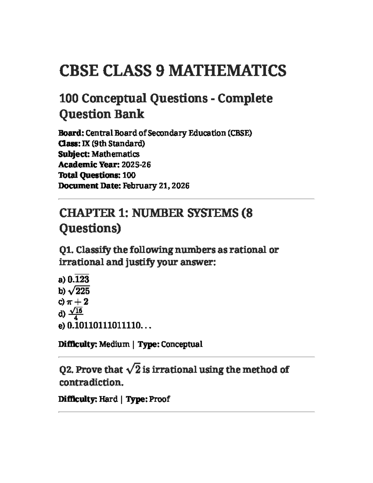 CBSE Class 9 Mathematics Question Bank - 2025-26 - Studocu
