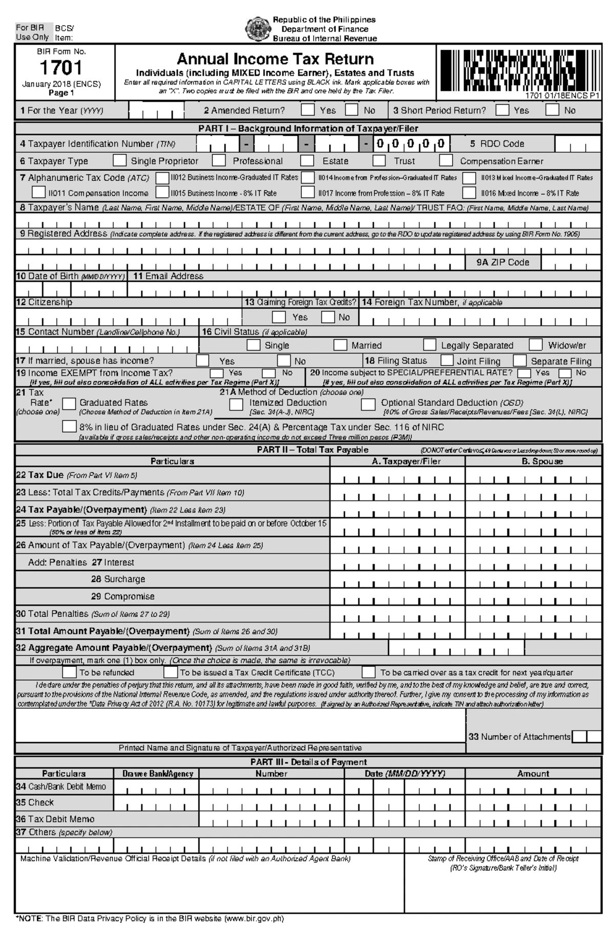BIR Form 1700 Annual Income Tax Return (Jan 2018) - For BIR Use Only - Studocu