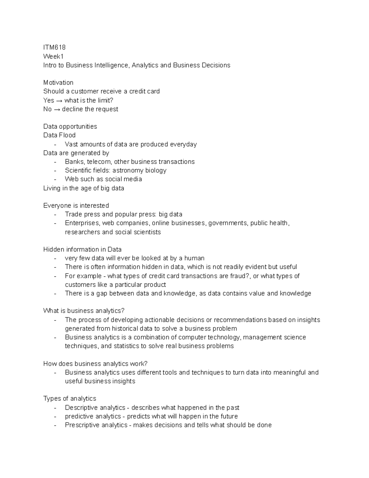 ITM618 Midterm Lecture Notes on Business Intelligence & Analytics - Studocu