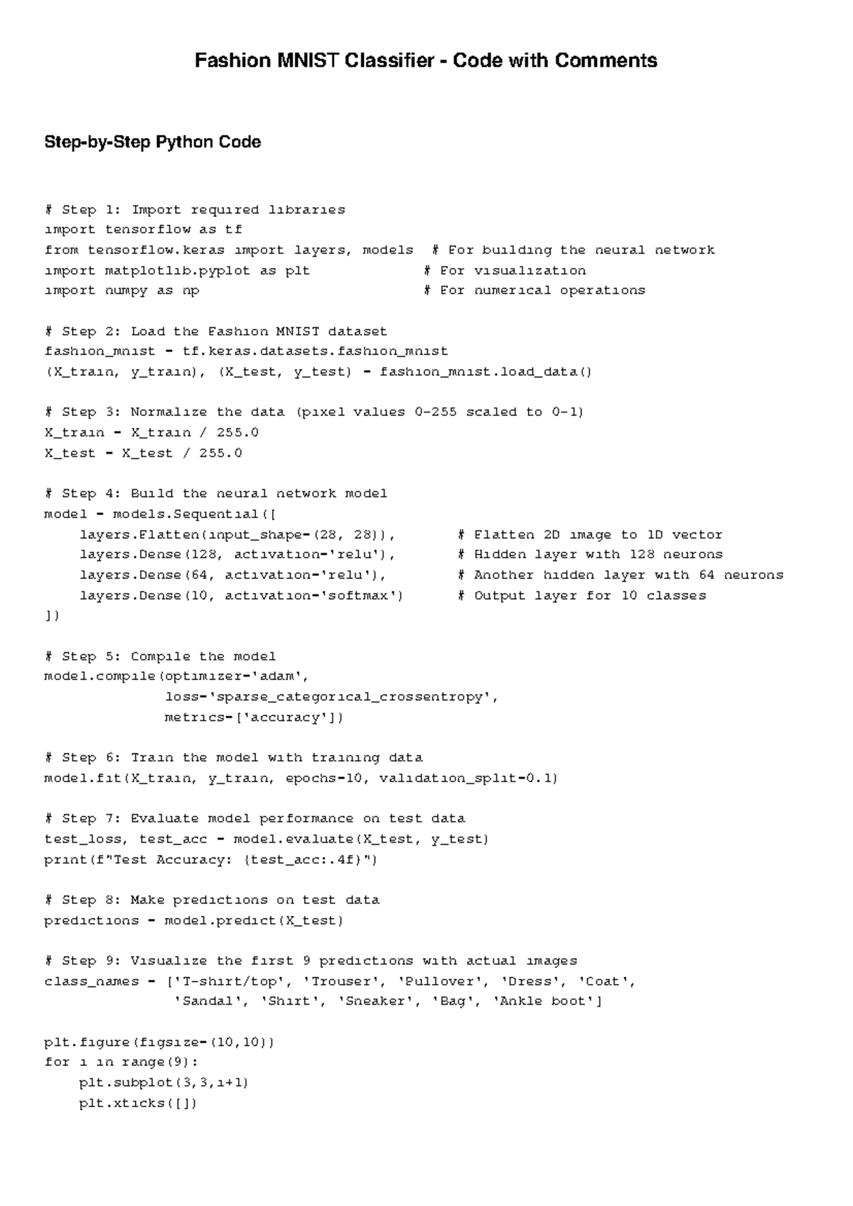 Fashion MNIST Classifier Code: Step-by-Step Guide in Python - Studocu